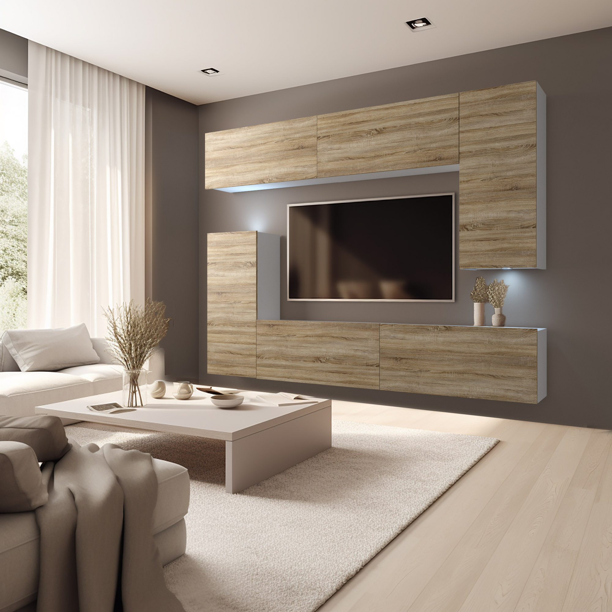Mur TV en bois clair – salon chaleureux et accueillant - Belini